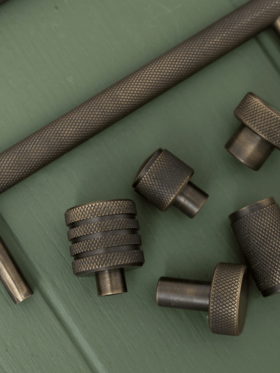 Solid Brass Knurled Kitchen Pull Handles & Knobs - Antique Brass